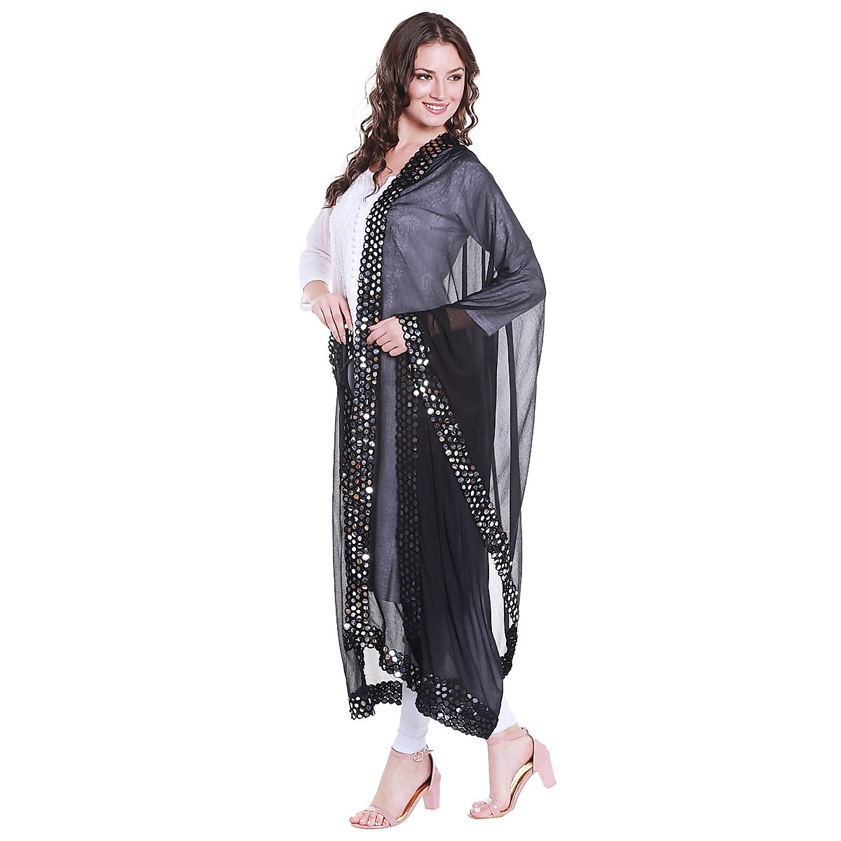 DUPATTA BAZAAR Women's Black Chiffon Dupatta with Mirror work lace.