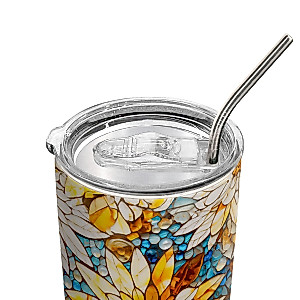 ORCAE 20oz Beautiful Colorful Daisy Flower, Stained Glass Style Flowers, Yellow Flower Tumbler Cup, Insulated Travel Mug with Lid, Coffee Thermos for Men, Women, Gifts for Women - C