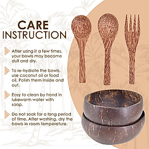 Premium Natural Thai Polished Coconut Wooden Bowl And Spoon Set, Hand Carved Wood Spoons, Perfect Eco-Friendly Gifts for Vegan, Buddha Bowls, Acai Smoothie Drinking Cups - Set of 2