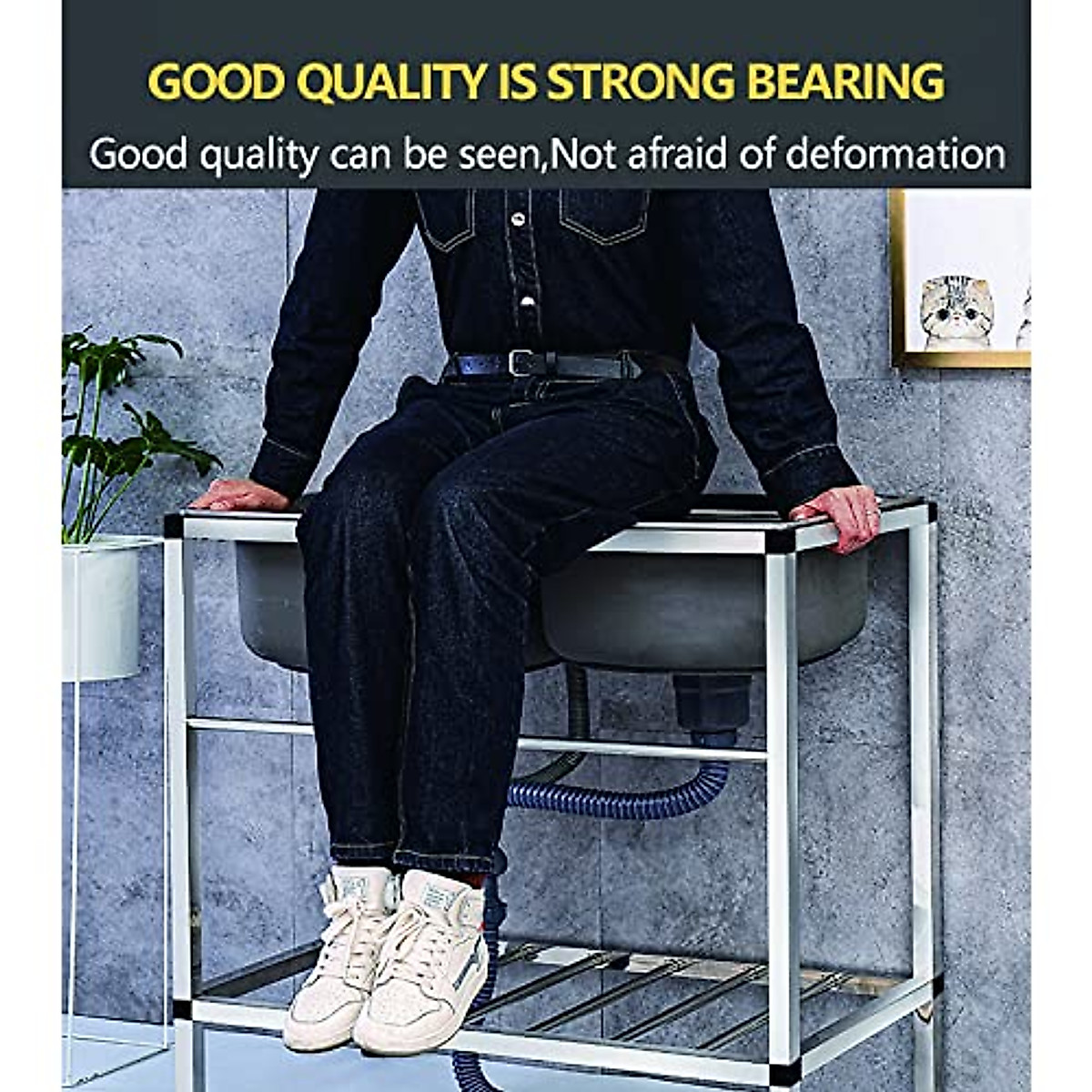 MARQI Stainless Steel Kitchen Sink,Double Bowl Sinks,Free Standing Sink Commercial,w/Cold and Hot Water Pipe Faucet,for Outdoor Garage Commercial Restaurant Kitchen Laundry Room. (Size : 74x41x75cm)