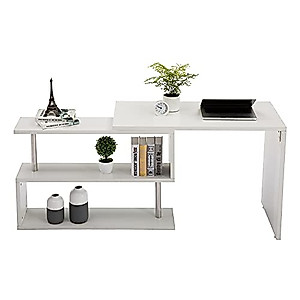MJWDP L-Shaped Corner Computer Desk PC Laptop Table Study Workstation with 2-Tier 360 Degree Rotatable Storage Shelf White