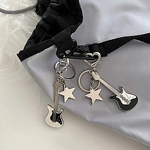 JINZHOUFZ Punk Music Bass Electric Guitar Keychain, Guitar Love Heart Star Key Teens Girls Music Lovers (black)