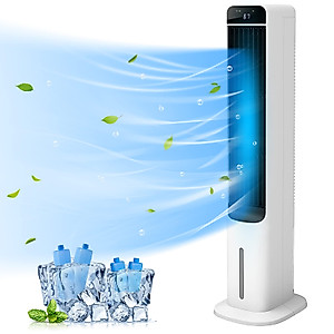 2-In-1 Evaporative Air Cooler - 41” Quiet Cooling Tower Fan Humidifier Portable Swamp Cooler with Bladeless Design, 60° Oscillation, Remote Control, 3 Modes and 3 Wind Speeds, 12H Timer, 4 Ice Boxes