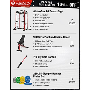 Mikolo Power Cage, Power Rack with LAT Pulldown, 1200 Pounds Capacity Workout Cage with More Training Attachments, Garage & Home Gym Package (Red)