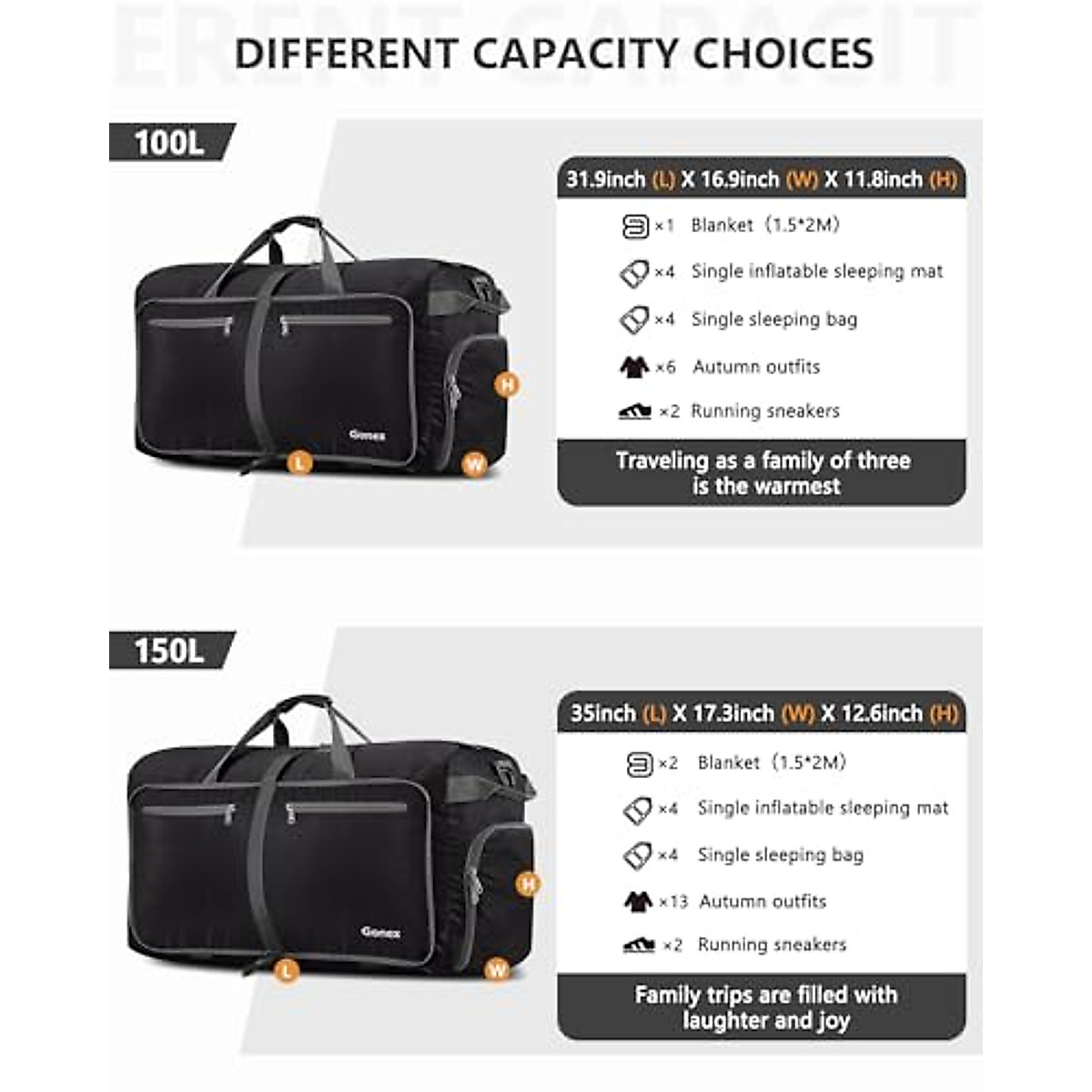 Gonex 80L Packable Travel Duffle Bag Foldable Duffel Bags for Luggage Gym Sports Camping Travelling Cycling Storage Shopping Water & Tear Resistant Black