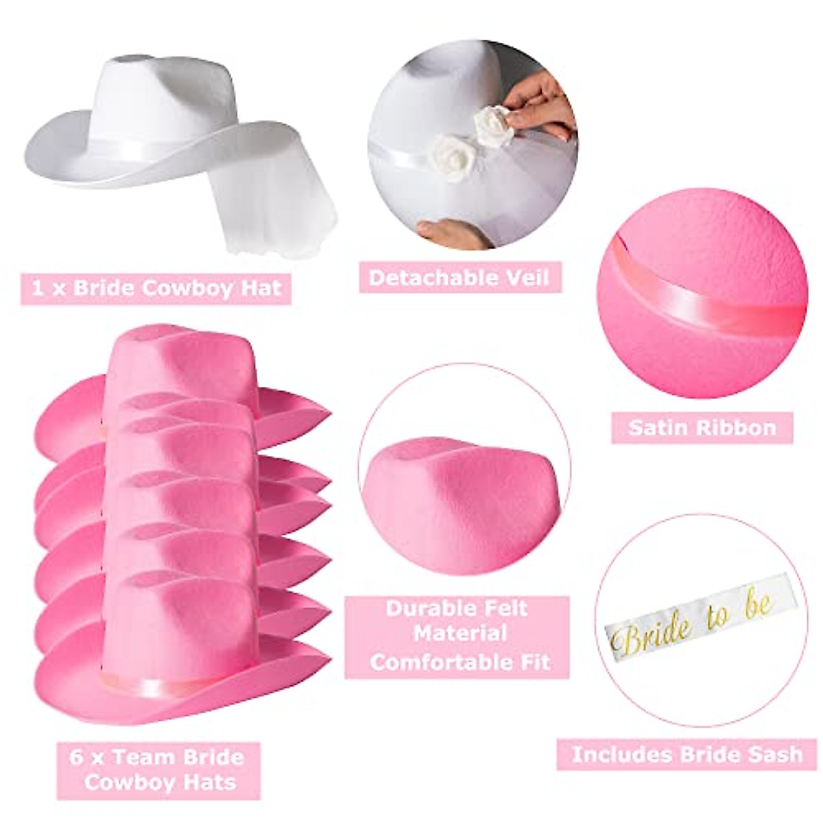 Chug Buddy Set of 7 Cowgirl Hats Bride Cowgirl Hat with Bride to Be Sash and Veil for Bachelorette Party- Favors, Supplies, Decorations, Gifts