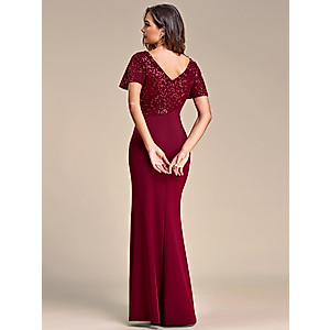 Ever-Pretty Women's Fall V-Neck Short Sleeves Sequin Top Mermaid Long Evening Party Dress Burgundy US10
