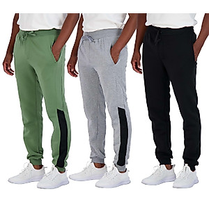 Real Essentials Mens Joggers Sweatpants Fleece Pants Sweat Clothing Pockets Baggy Elastic Cuffed Workout Bottom Athletic Soft Warm Winter Jogging Gym Active Track Work Tapered, Set 10, L, Pack of 3