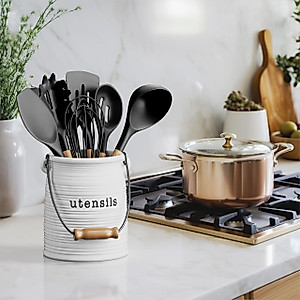 Barnyard Designs Ceramic Farmhouse Kitchen Utensil Holder for Countertop, Decorative Kitchen Utensil Holder, Large Kitchen Utensil Holder for Kitchen Counter, Utensil Crock Spatula Holder, 6" White