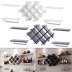 SHOWLIVEU Wall Mounted Bottle Glass Holder Shelves Wall Hanging Wine Rack 5 Piece Set Wall Mounted Bottle Glass Holder Shelves Creative Wall Hanging Wine Rack (Black)