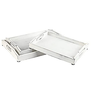 MyGift Vintage Rustic Whitewashed Wood Nesting Serving Trays/Decorative Ottoman Trays with Oval Cutout Handles, Set of 3
