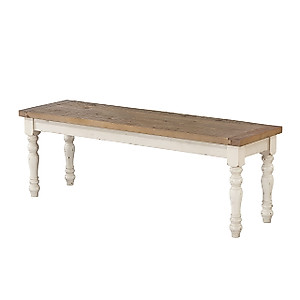 Roundhill Furniture Prato Two-Tone Distressed Oak Wood Dining Bench, Antique White