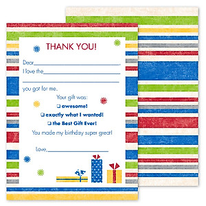 Dots and Stripes Kids Thank You Note Card Pack / 20 Fill In Childrens Colorful Thanks Cards With White Envelopes / 4 5/8" x 6 1/4" Kid Birthday Party Thank You