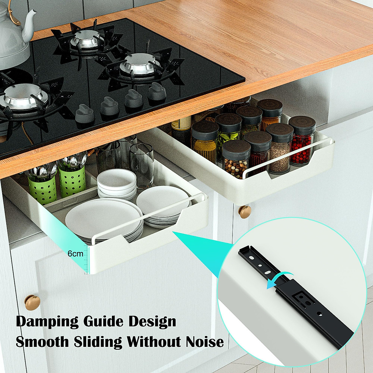 Jolitac 1 Pack Pull Out Cabinet Organizer with Adhesive Nano Film Heavy Duty Storage and Organization Slide Out Pantry Shelves for Kitchen, Bathroom and Living Room (9.8" Wide-16.9" Deep)