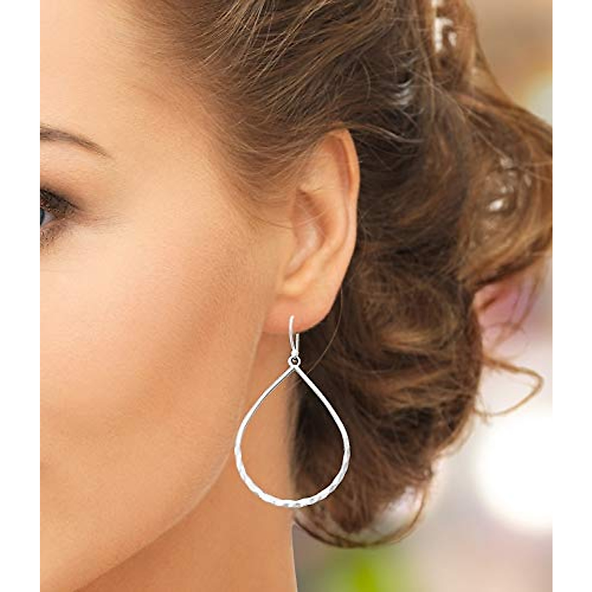 MIMI 925 Sterling Silver Hammered Open Teardrop Hoop Earrings