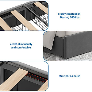 IDEALHOUSE Velvet Upholstered Queen Size Platform Bed Frame with 4 Storage Drawers, Storage Headboard with Charging Station, Mattress Foundation with Wooden Slats Support,No Box Spring Needed, Gray