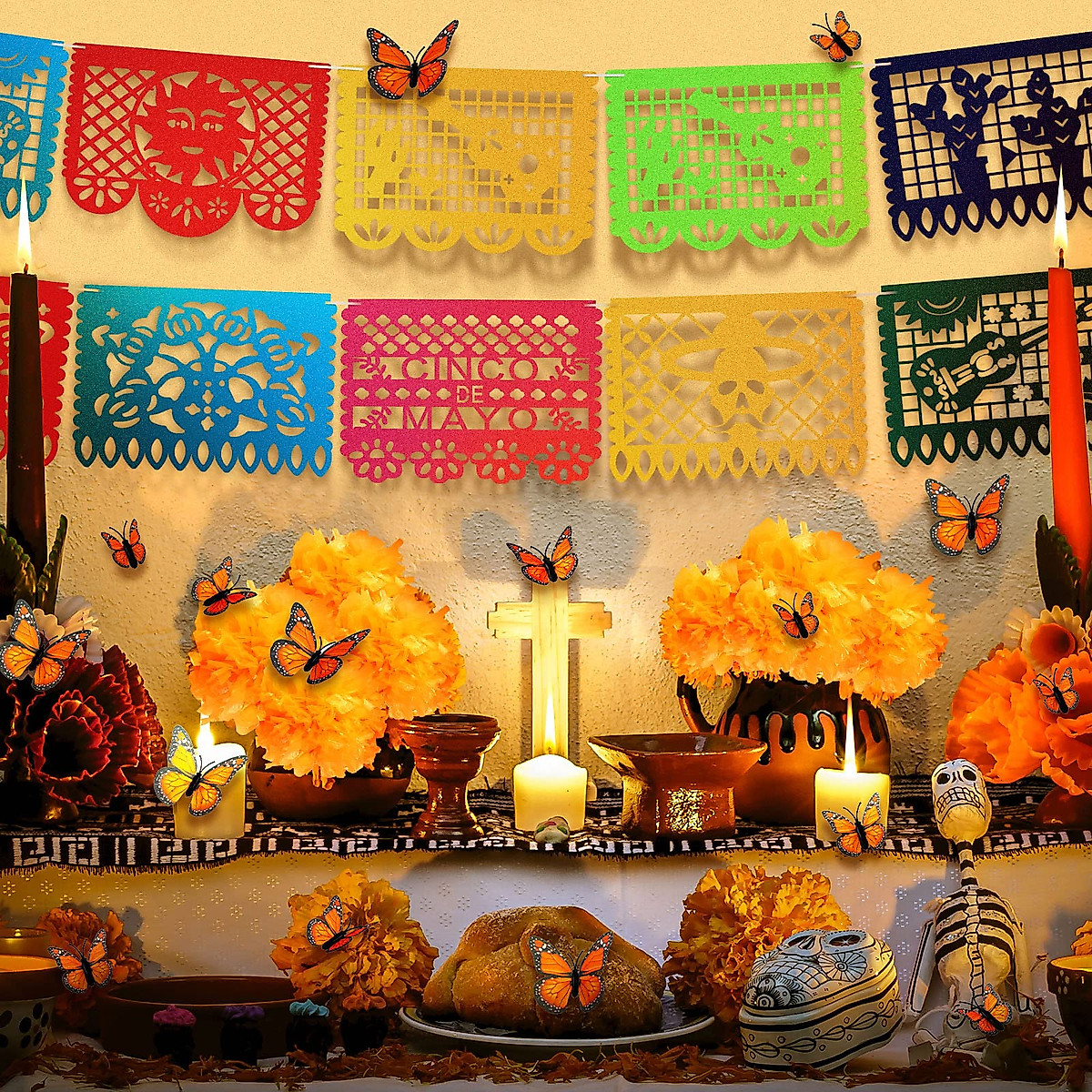 18 Pcs Day of The Dead Party Banners Day of The Dead Party Decorations Dia De Los Muertos Day of The Dead Decor with 24 Pcs Monarch Butterfly 3 Artificial Marigold Flowers Garland for Diwali Decor