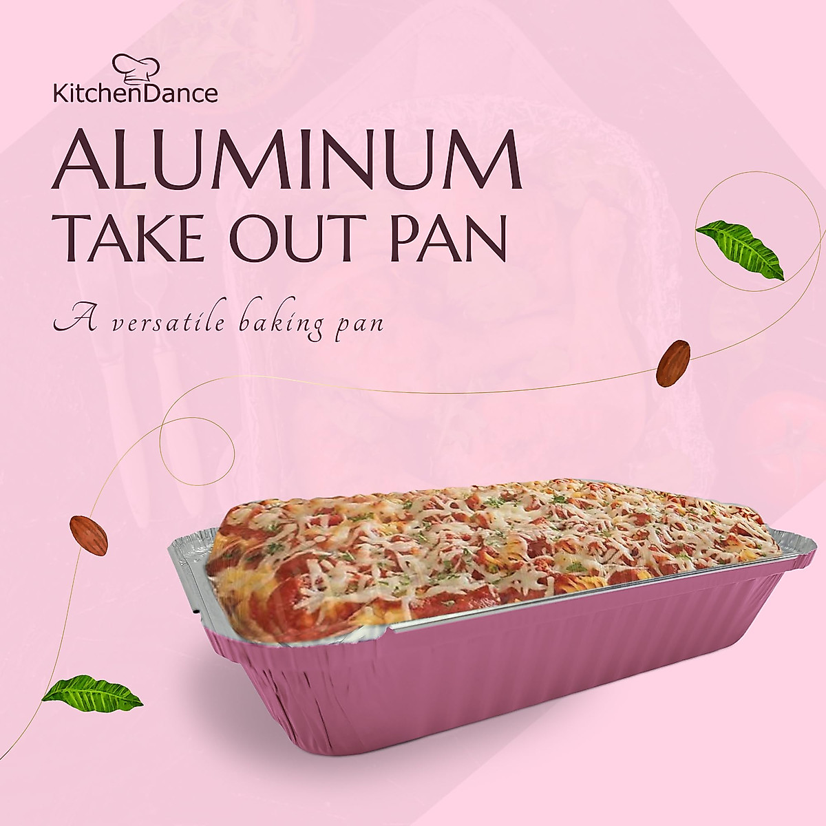 KitchenDance Colored Shallow Take Out Pans with Plastic lid - 1.5 Pounds Food Storage Aluminum Foil Baking Pan - Aluminum Pans Perfect for Cooking, Freezing, Preparing Food, 6417P (Pink, 50)