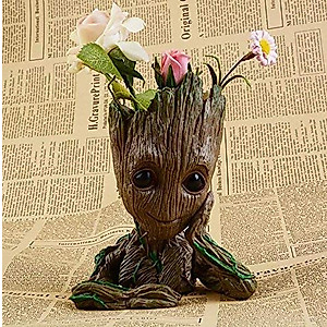ZUSONUD Baby Groot Pen Pot Tree Man Pens Holder or Flower Pot with Drainage Hole Perfect for a Tiny Succulents Plants 6" (Grayish Brown)