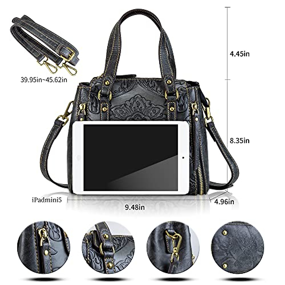 Purse and Handbags for Women Leather Shoulder Hand Bags Tote Handle Medium Satchel Vintage Embossing Rose (Black)