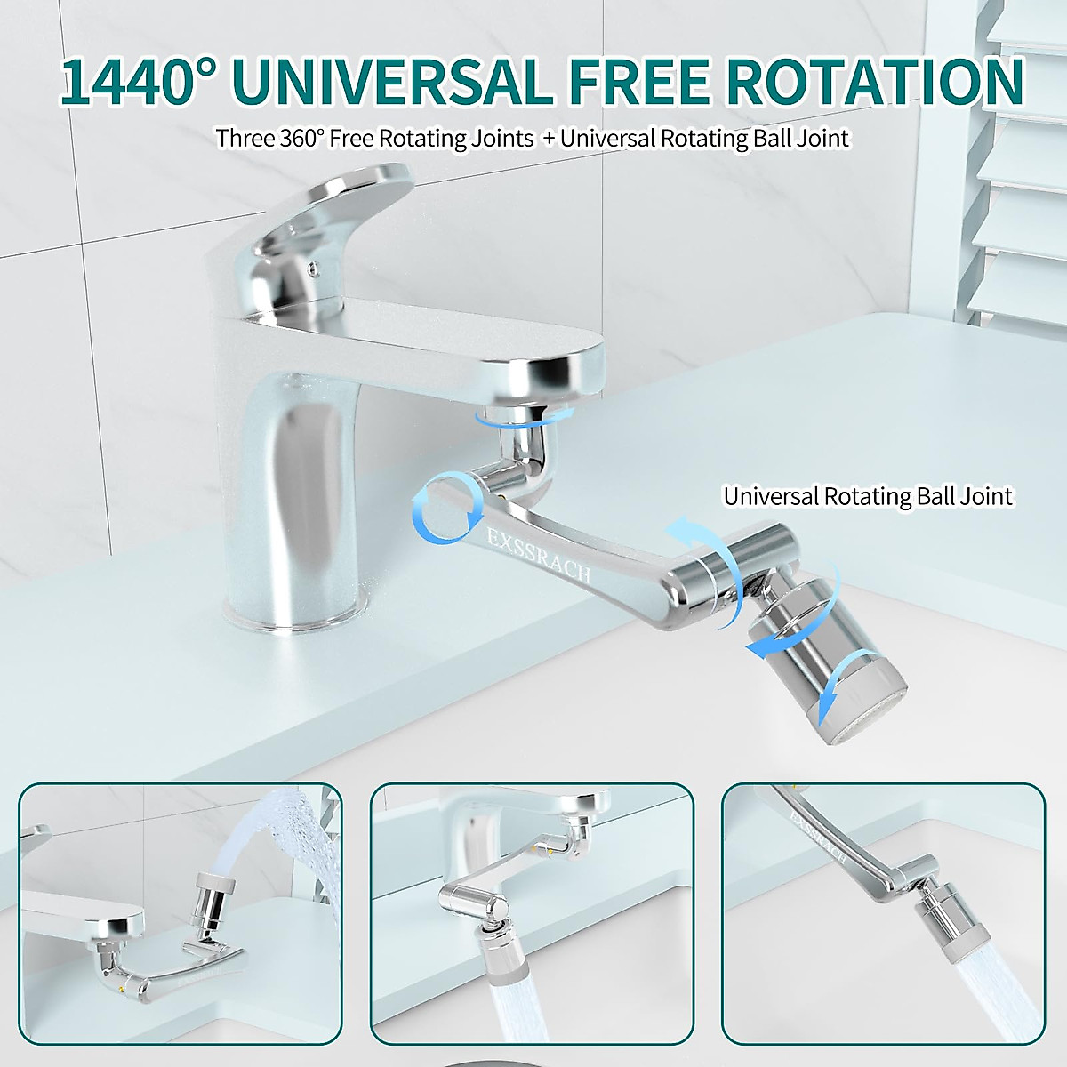 EXSSRACH 1440° Rotating Faucet Extender, Multifunctional 1080°+ 360° Swivel Extension Robotic Arm Sink Aerator for Kitchen/Bathroom, 2 Water Outlet Modes, Silver
