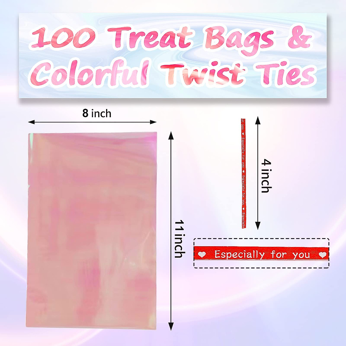Ctoiotc Cellophane Bags,Cellophane Treat Bags, Iridescent Holographic Candy Bags, Clear Goodie Bags with 5 Colors Pieces Twist Ties for Birthday Party Favors, Easter, Weddings