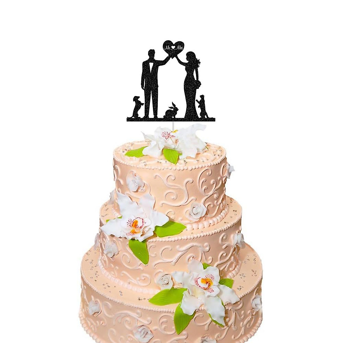 Mr & Mrs Wedding Cake Topper, Bride and Groom with Pet Dog Cat Rabbit Silhouette Party Cake Decorations, Engagement Bridal Shower Bachelorette Cake Decors Black Glitter