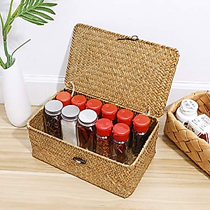 Straw Seaweed Woven Basket Rattan Storage Basket Desktop Multipurpose Storage Box with Lid for Desktop Home Decor