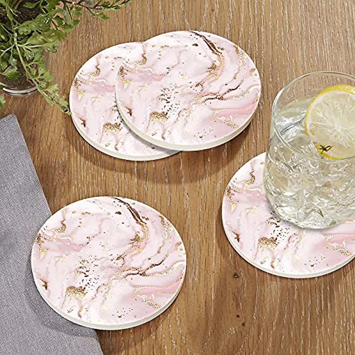 Lahome Pink Coasters for Drinks Absorbent with Holder,Set of 6 Marble Pattern Ceramic Stone Coaster Set with Cork Backing for Mugs Cups Wooden Coffee Table Protection,4 Inches