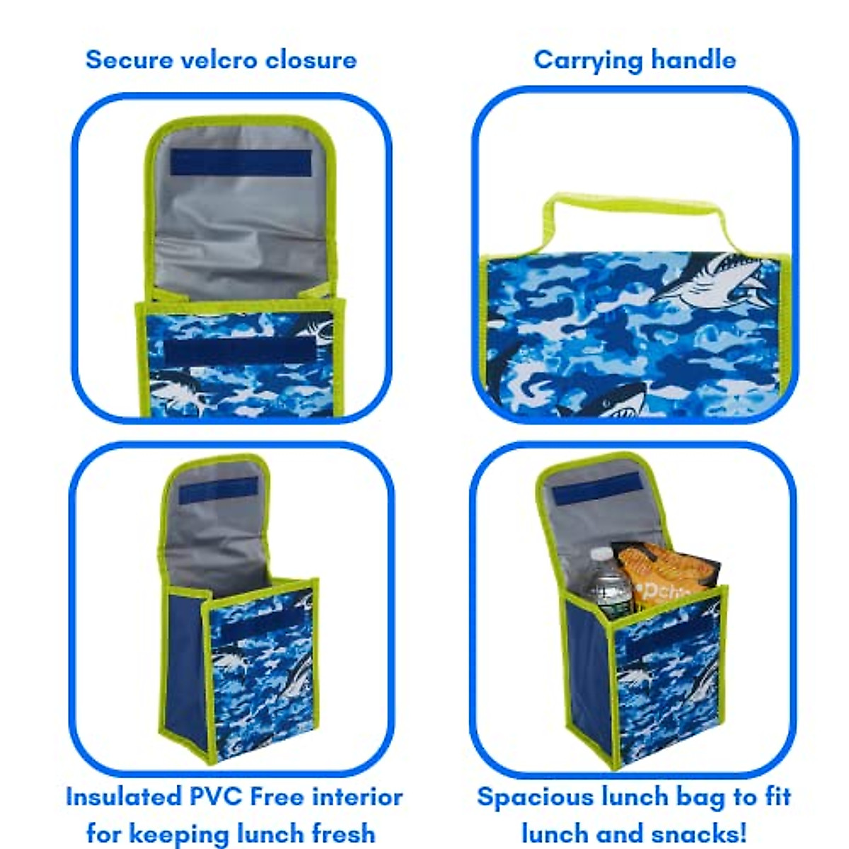 RALME Ocean Blue Camo Shark Backpack Set for Boys, 16 inch, 6 Pieces - Includes Foldable Lunch Bag, Water Bottle, Key Chain, & Pencil Case