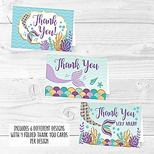 24 Mermaid Baby Shower Thank You Cards With Envelopes, Kids Thank-You Note, 4x6 Gratitude Card Gift For Guest Pack For Party, Birthday, For Boy or Girl Children, Cute Sea Pool Event Stationery