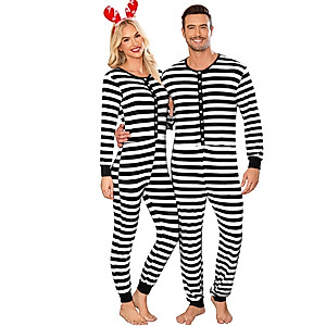SWOMOG Womens Matching Family Onesie Pajamas Sets Christmas Couple One-Piece Romper Holiday Sleepwear Soft Stripe Clothing