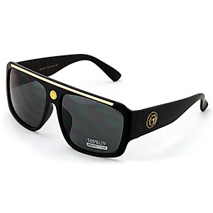 V.W.E. Lion Head Flat Top Hip Hop Rapper Retro Aviator Sunglasses (Matte Black)