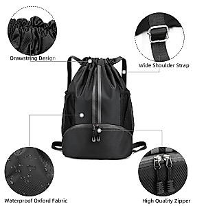 Valleycomfy Sports Drawstring Backpack - Water Resistant String Bag with Side Mesh Pockets Shoe Compartment Gym Backpack for Women & Men Black