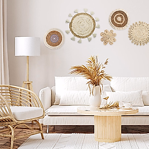 Woven Wall Basket Boho Wall Art 5PCS Round Bohemian Macrame Wall Hanging Straw Wall Decor 8in/10in/12in/15in Wall Basket Decor for Living Room