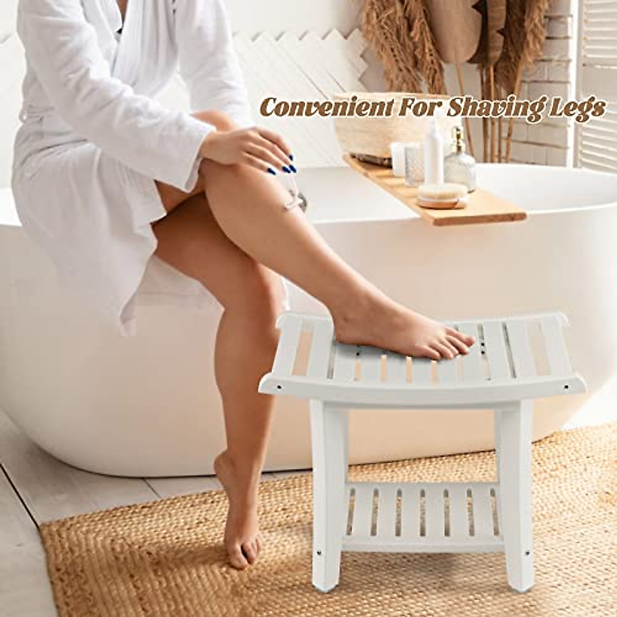 COSTWAY Shower Bench for Inside Shower, Waterproof Shower Seat Stool with Storage Shelf for Shaving Legs and SPA, Bath Shower Chair for Seniors Adults Disabled (Creamy White)