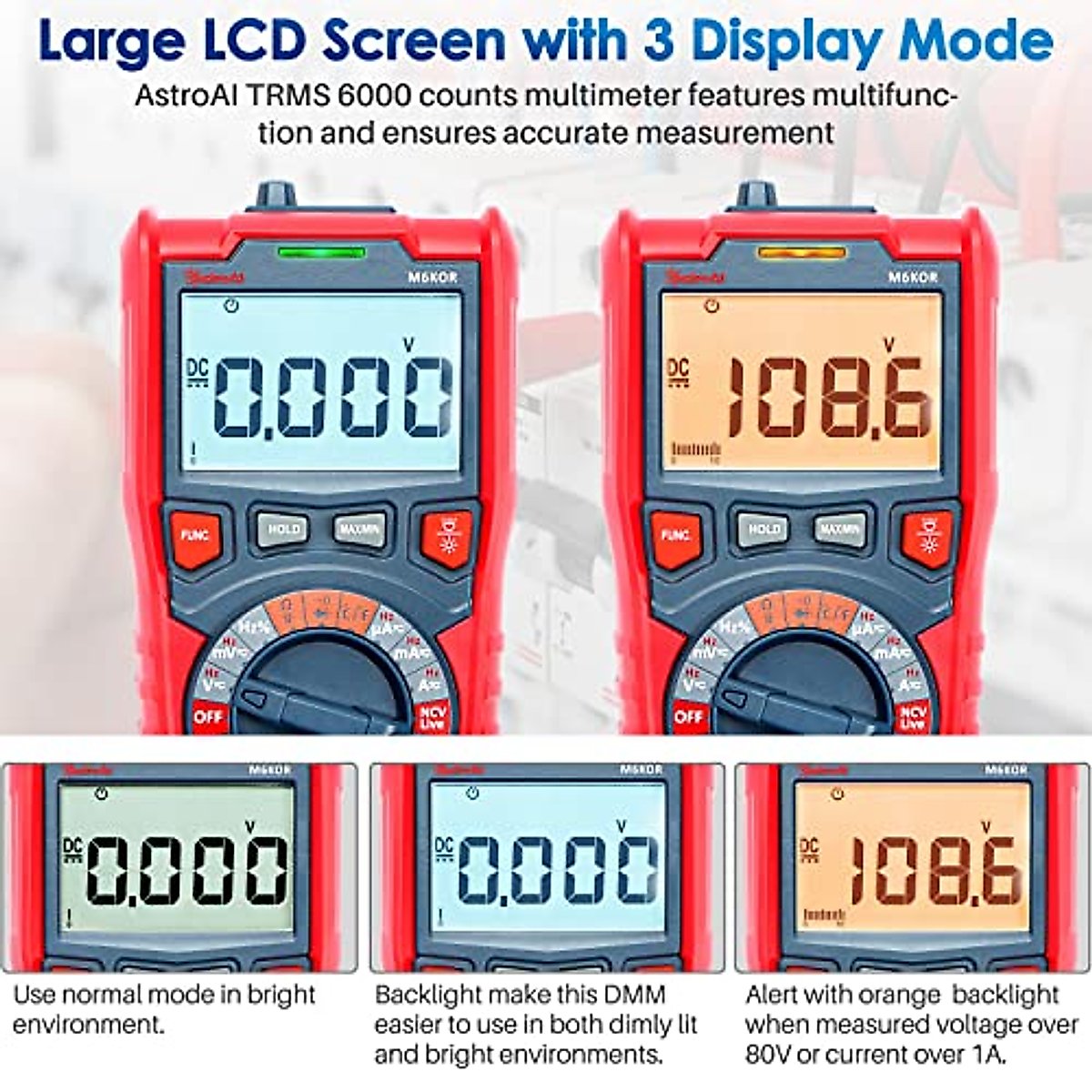 AstroAI Digital Multimeter, TRMS 6000 Counts Auto-Ranging Voltage Tester Voltmeter Measuring AC/DC Voltage Current, Capacitance Resistance Frequency Temperature Continuity Diodes with NCV