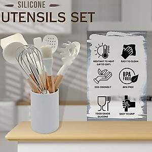 Silicone Kitchen Utensils Set | White Kitchen Utensils with Holder (11 PC) - Non Stick Kitchen Accesories for Cooking - White Kitchen Set with Wooden Handle by Five14