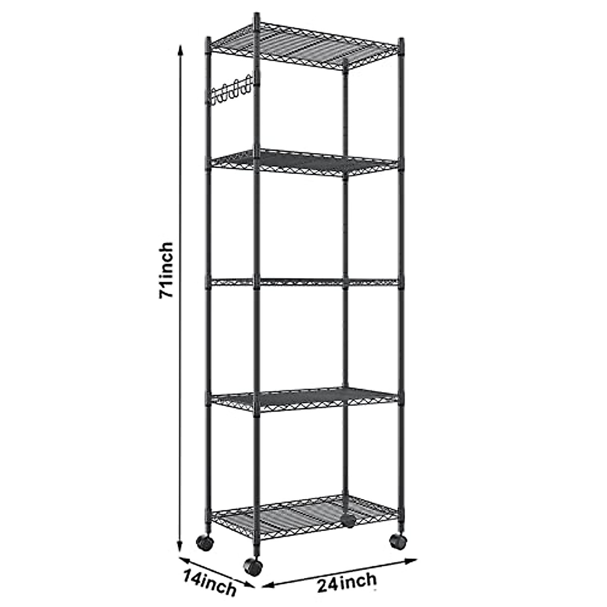 Devo 5-Tier Shelf Storage Shelves, Metal Shelves for Storage, Wire Shelving Unit, Adjustable Shelves Organizer for Garage, Pantry, Kitchen, Side Hooks, Black