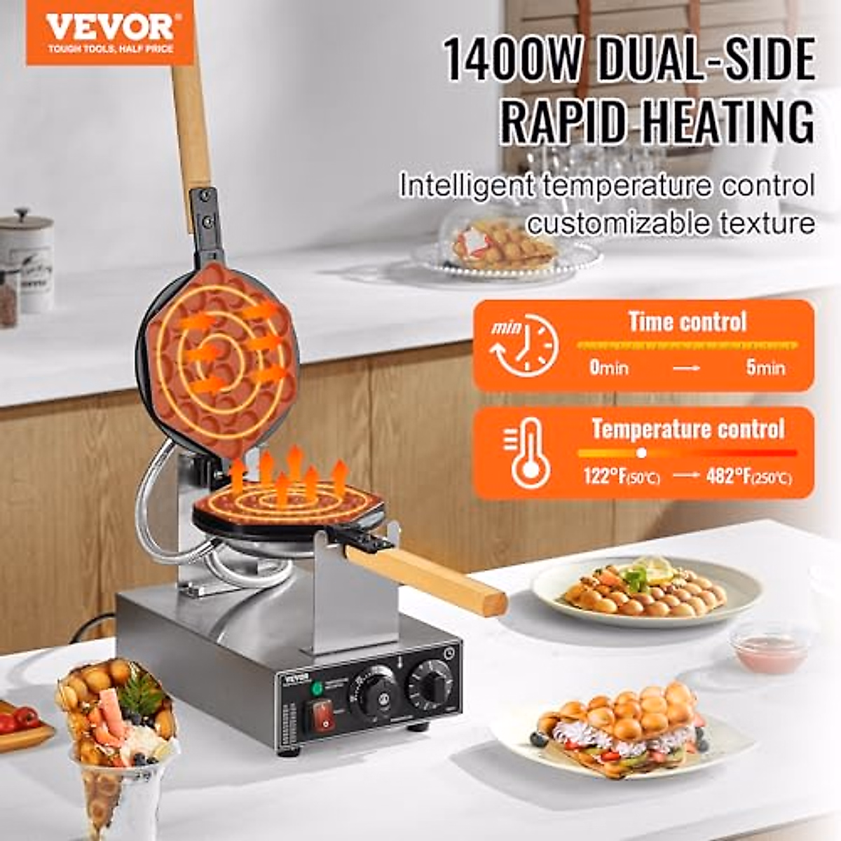 VEVOR Commercial Bubble Waffle Maker, 1400W Egg Pancake Baker Machine, Non-Stick Stainless Steel Egg Bubble Puff, 180° Rotatable, Temp and Time Control, Wooden Handle, for Restaurant Bakery Snack Bar