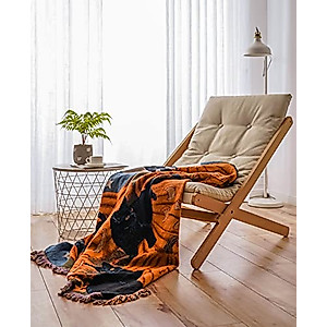 CUEERBOT Throw Blanket for Couch，Indie Room Decor Black Cat and Halloween Pumpkin Cotton Blanket (Orange, Large 63X87 Inches)