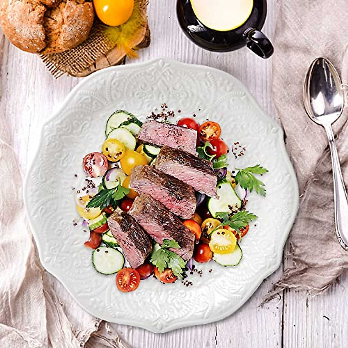 SOUJOY Set of 6 Porcelain Dinner Plate, 10.5'' White Dinner Dish, Embossed Printing Dinnerware Plate for Dinner, Restaurant, Family Party and Kitchen, Microwave, Dishwasher Safe