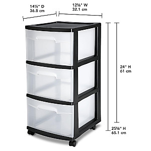 Plastic Drawer Storage Organizer 3 Drawer Plastic Cart Dorm Storage Shelves Containers With Drawer Unit w/Wheels for Art Supplies,Home,Closet,Bathroom,Office, Black with Clear Drawers, Adult