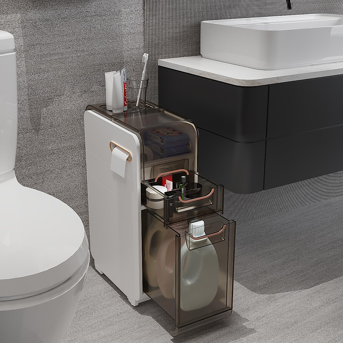 8.66″ Slim Storage Narrow Drawers for Small Spaces 2-Tiers, Crevice Storage Cabinet Bathroom, Skinny Storage Drawers Gap Organizer Multi Cabinet for Small Kitchen Laundry Living Room