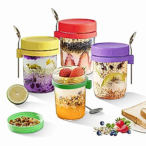 16 oz Overnight Oats Containers with Lids and Spoon, 4 Pack Mason Jars for Overnight Oats, Airtight Overnight Oats Jars with Measurement for Cereal, Mason Oatmeal Container Jar, On The Go Container