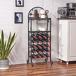 VECELO Freestanding Wine Rack Bar Table Holder, Tempered Glass Top, Liquor Display Shelf Stand for Home Kitchen Pub, 20 Bottles, Black