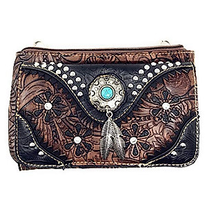 Western Feather Country Rhinestone Concho Laser Cut Wallet Cross Body Clutch Bag Purse (Brown) Small