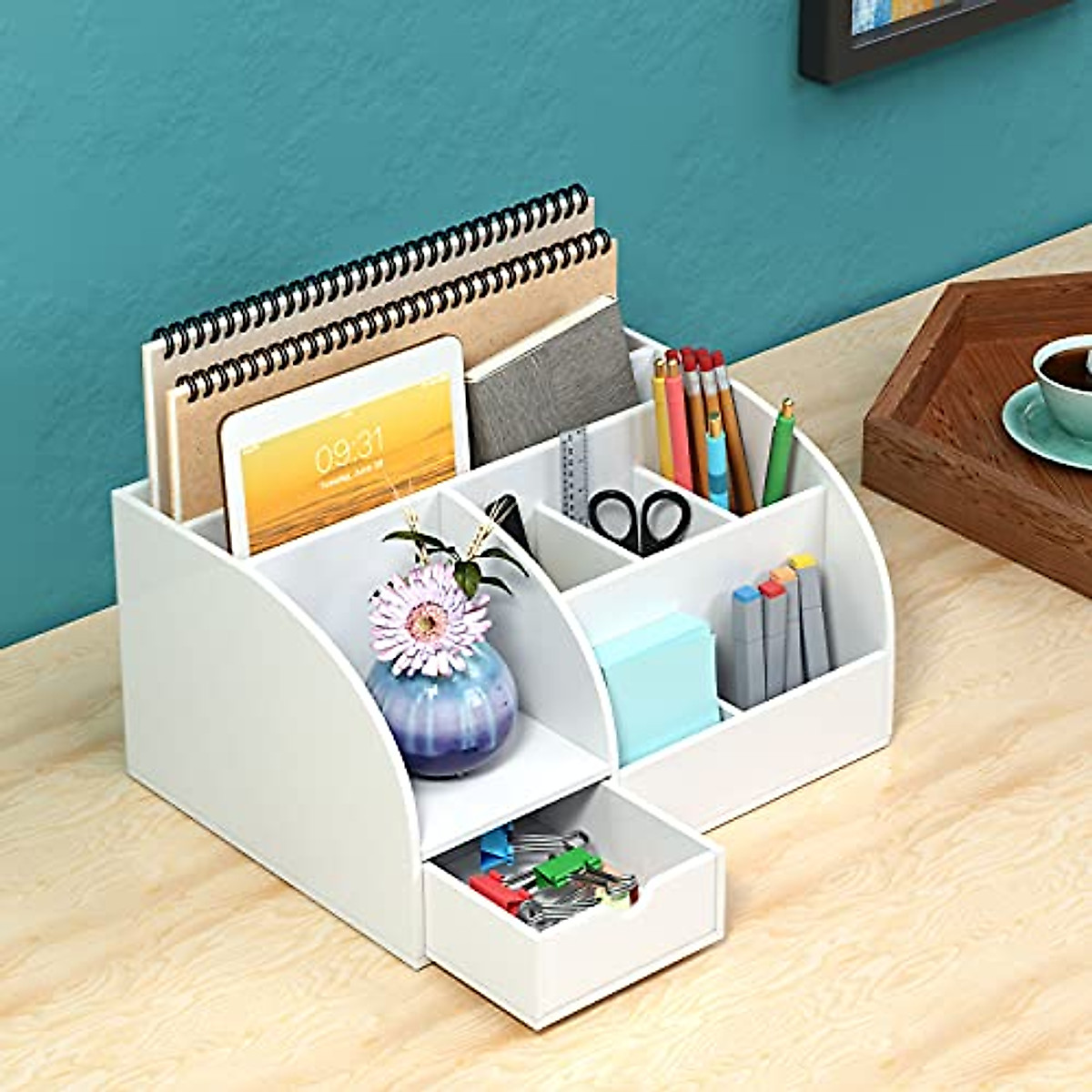 FEMELI Office Desk Organizer and Accessaries,Acrylic Desk Organizer with 8 Compartments +1 Drawer(White)