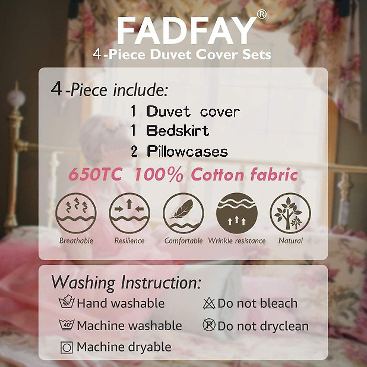 FADFAY Shabby Pink Duvet Cover Set Rose Floral Bedding Collection Elegant Princess Lace Ruffle Quilt Cover Set for Girls 4 Pieces Full Size