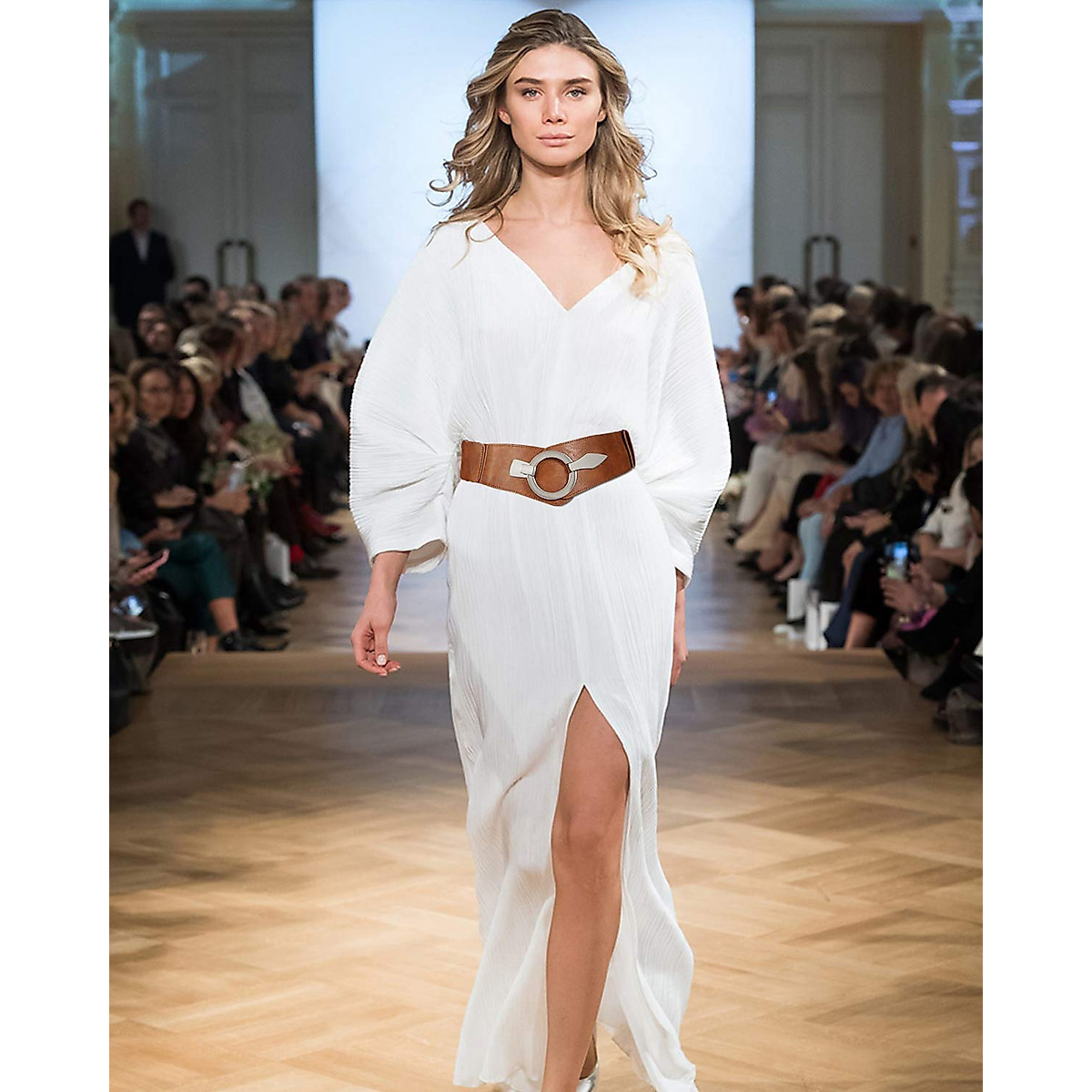 WHIPPY Women Wide Elastic Waist Belt Vintage Wide Stretch Waist Belt Fashion Retro Leather Waistband for Dresses, Brown, L